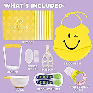 Baby Feeding Gift Set 8PC: Silicone Bib, Masher and Bowl, Spoon and Fork Set, Fruit Feeder with Rattle, Finger Toothbrush and Food Scissors by Bebe N Belle (Yellow)