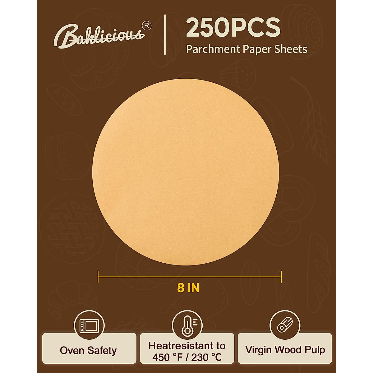 Baklicious 250Pcs 8 Inch Parchment Paper Rounds. Non Stick Round Parchment Paper, Baking Parchment Circles for Cake Baking, Patty Separating, Tortilla Wrapping