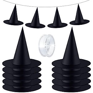 XIGUA 10 Pieces Halloween Costume Witch Hat, with 100 Yards Hanging Rope, Halloween Black Witch Hats Costume Accessory Decorations, Black Witch Hat for Halloween Party Yard Decoration