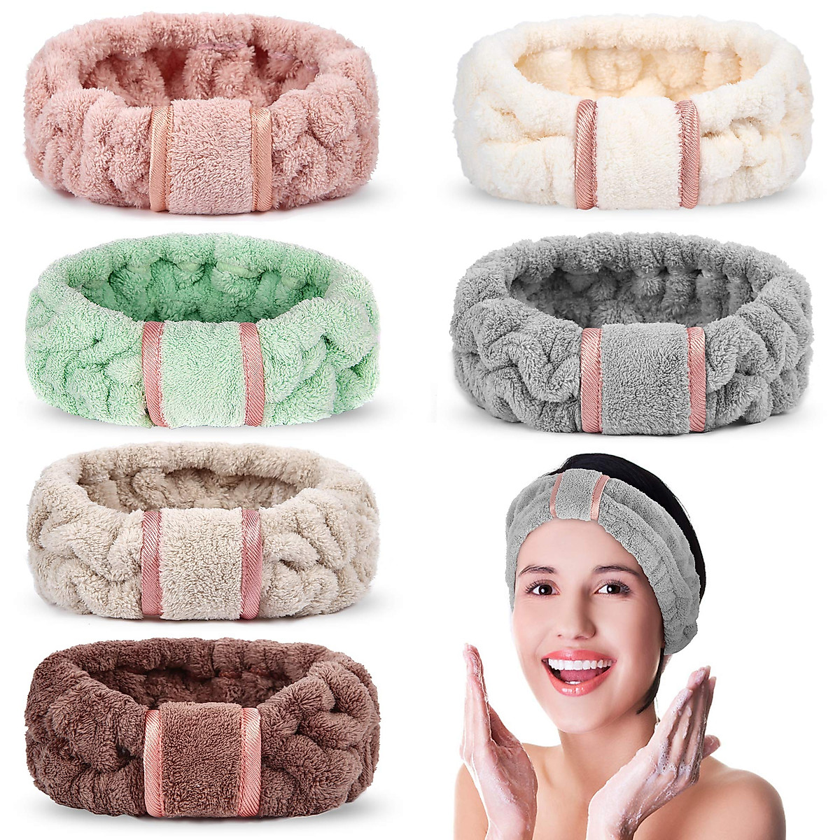 DOOBO 6pcs Microfiber Hairband, Fluffy Face Wash Headbands for Women, Spa Headbands for Skin Care, Yoga, Running, Exercise, Absorbent & Comfortable