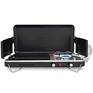 Hike Crew 2-in-1 Gas Camping Stove | Portable Propane Grill/Stove Burner w/Integrated Igniter & Stainless Steel Drip Tray | Built-in Carrying Handle, Foldable Legs & Wind Panels | Includes Regulator