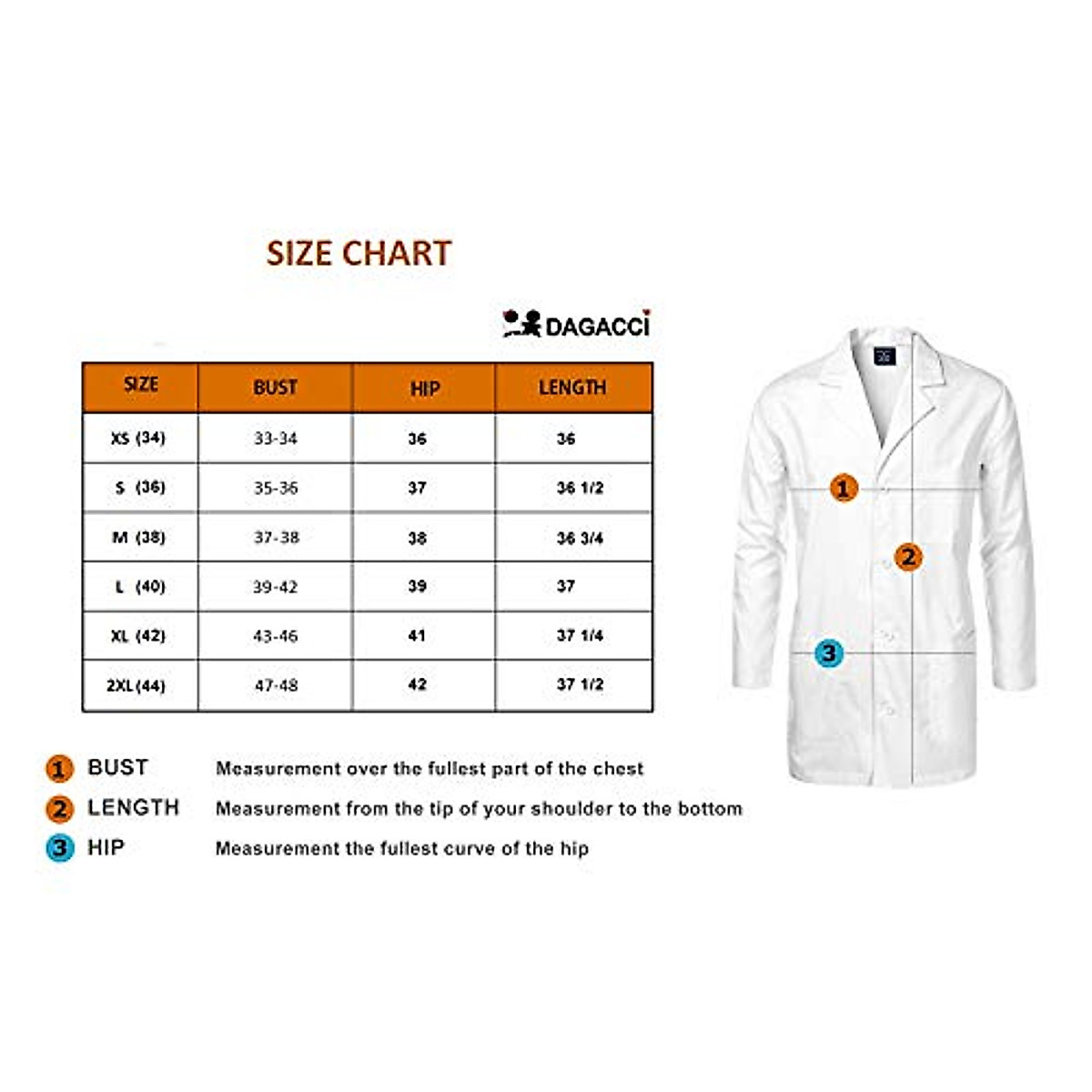 Dagacci Medical Uniform 35" Unisex Lab Coat White XS to 2XL (L)