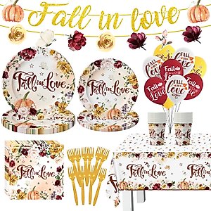 Fall in Love Bridal Shower Decorations Tableware 111pcs Romantic Theme Fall Wedding Decorations Set Include Plates,Napkins,Cups,Forks,Balloons,Waterproof Tablecloth and Banner for 20 Guests