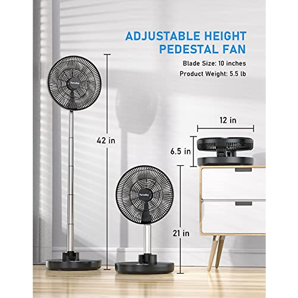 FARADAY Oscillating Standing Fan 12” Foldable Portable Quiet Floor Fan 12000mAh Rechargeable Pedestal Fan with Remote, Timer Setting, Height Adjustable Foldaway Fan for Bedroom Home Office, 6 Speed