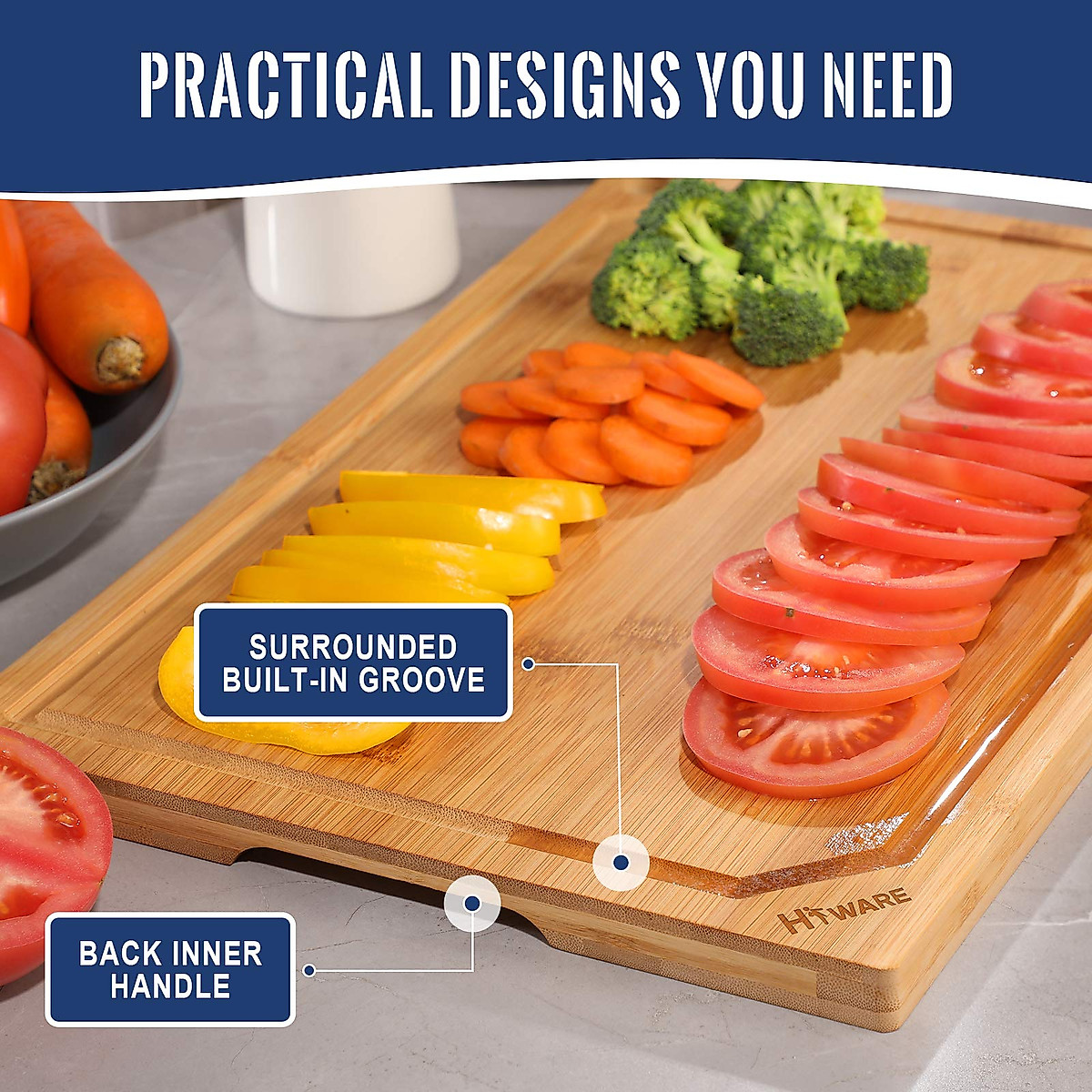 Hiware 4-Piece Bamboo Cutting Boards Set for Kitchen, Heavy Duty Cutting Board with Juice Groove, Bamboo Chopping Board Set for Meat, Vegetables - Pre Oiled, Extra Large