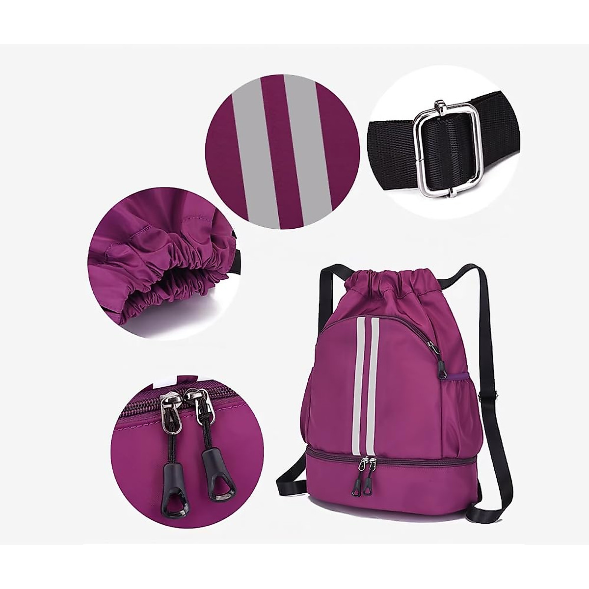 Oziral Drawstring Backpack, Water-Resistant Sports Gym Bag with Shoe Compartment and Two Side Mesh Pockets, String Backpack with Reflective Strip for Men and Women (Purple)