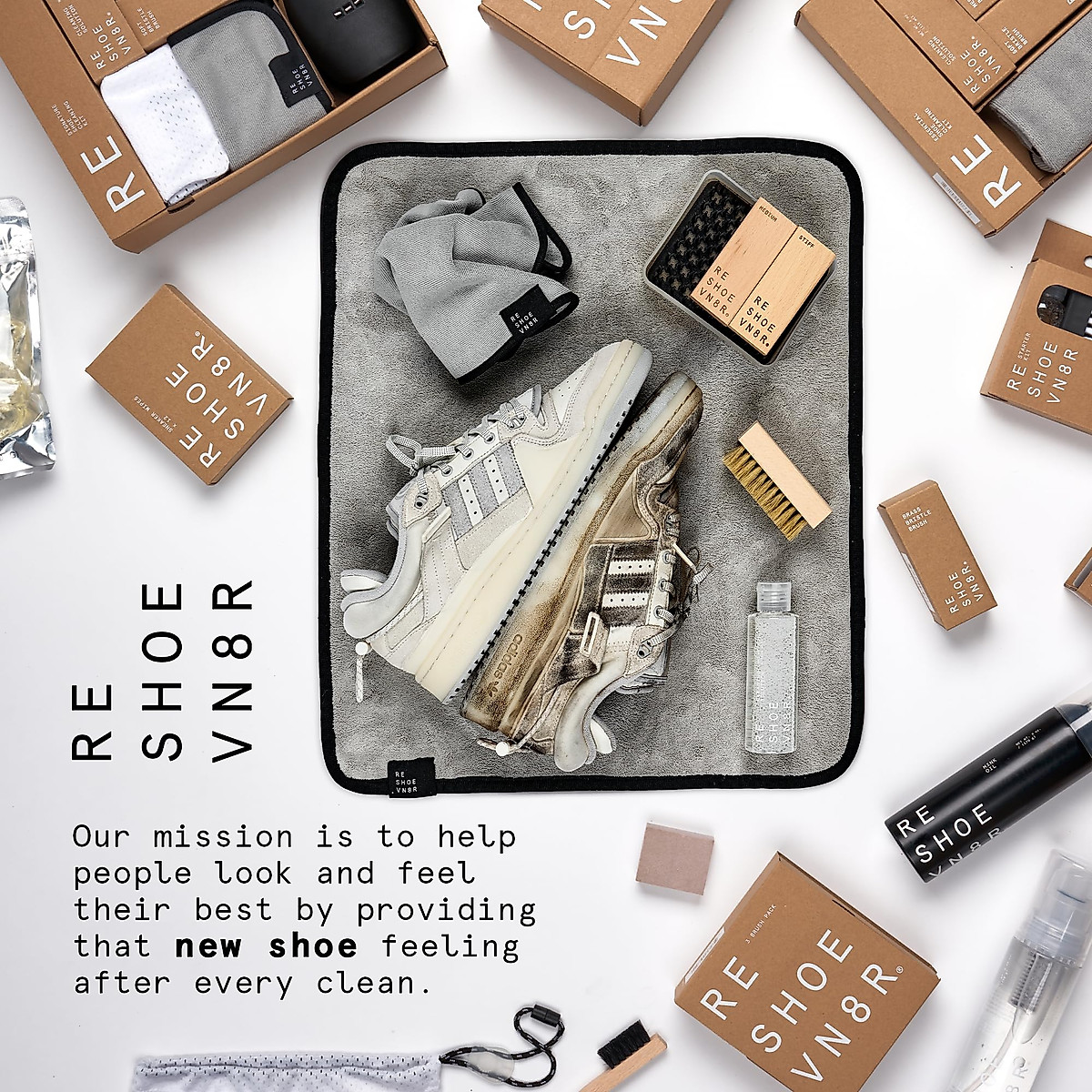 Reshoevn8r Shoe Cleaner Sneakers Kit, Signature Kit - Sneaker Cleaner for Suede Canvas Leather Mesh Knit Nubuck Shoes - 4oz Cleaning Solution & Conditioner, 2 Shoe Trees, 3 Brushes & Microfiber Towel