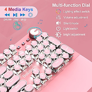 Basaltech Typewriter Keyboard and Mouse Combo, Pink Gaming Keyboard with White LED Backlight, Round Keys Blue Switch Mechanical Keyboard with Magnetic Removable Wrist Rest for Game and Office