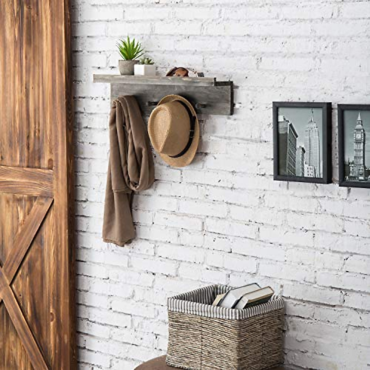 MyGift Wall-Mounted Gray Wood 24-Inch Hanging Shelf with 4 Peg Hooks