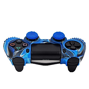 SKINOWN Silicone Case Anti-Slip Protective Grip Cover for PS4 Controller with 4 Thumb Grips(Blue Camo)