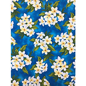 Turquoise Plumerias Hawaiian Print Fabric Sold by The Yard