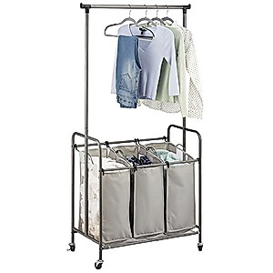 mDesign Portable Laundry Sorter with Wheels and Garment Hanging Bar - Heavy Duty Metal Cart System with 3 Hamper Laundry Sorter Basket Organizers and Drying Rack - Dark Graphite/Gray