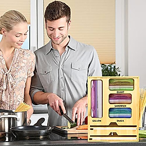 Klokliv Bamboo Ziplock Bag Storage Organizer with Sliding Lid,Foil and Plastic Wrap Organizer, Bamboo Aluminum Foil Dispenser With Cutter, 6 In 1 Sandwich Bag Organizer