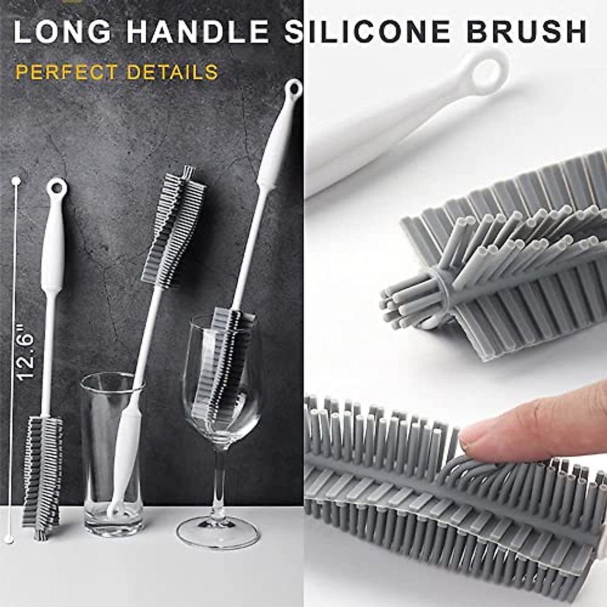 Bottle Cleaning Brush Set, Long Handle Silicone Cleaner Brushes + Thermos Lid Cup Brush + Drinking Straw Brush for Cleaning Baby Bottles, Narrow Neck Bottle, Sport Water Bottle,Tumbler,Glass Vase,3pcs