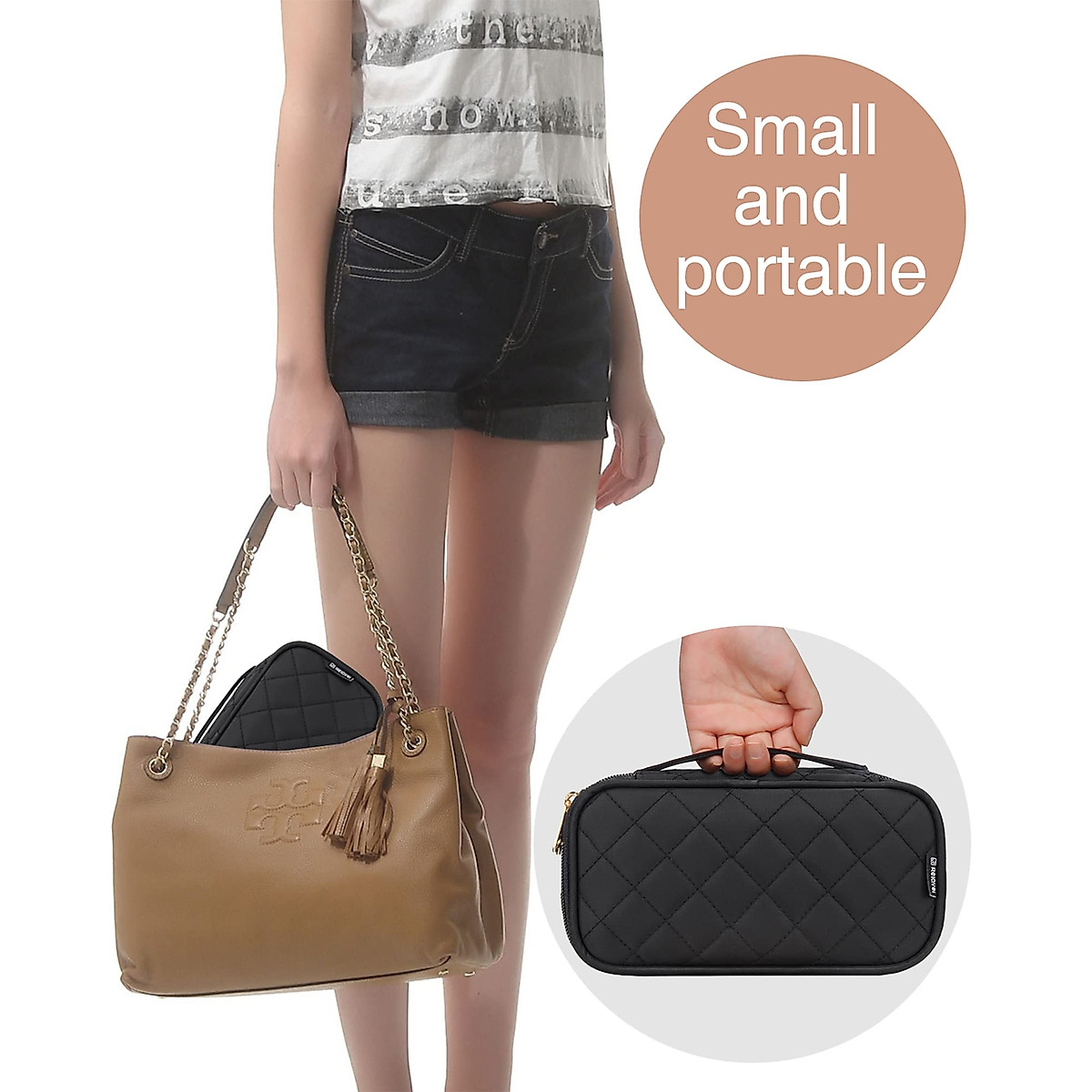 Relavel Makeup Bag, Small Makeup Bag for Women, Travel Cosmetic Bag, 2 Layers Waterproof Makeup Organizer Storage with Makeup Brush Holder, Black