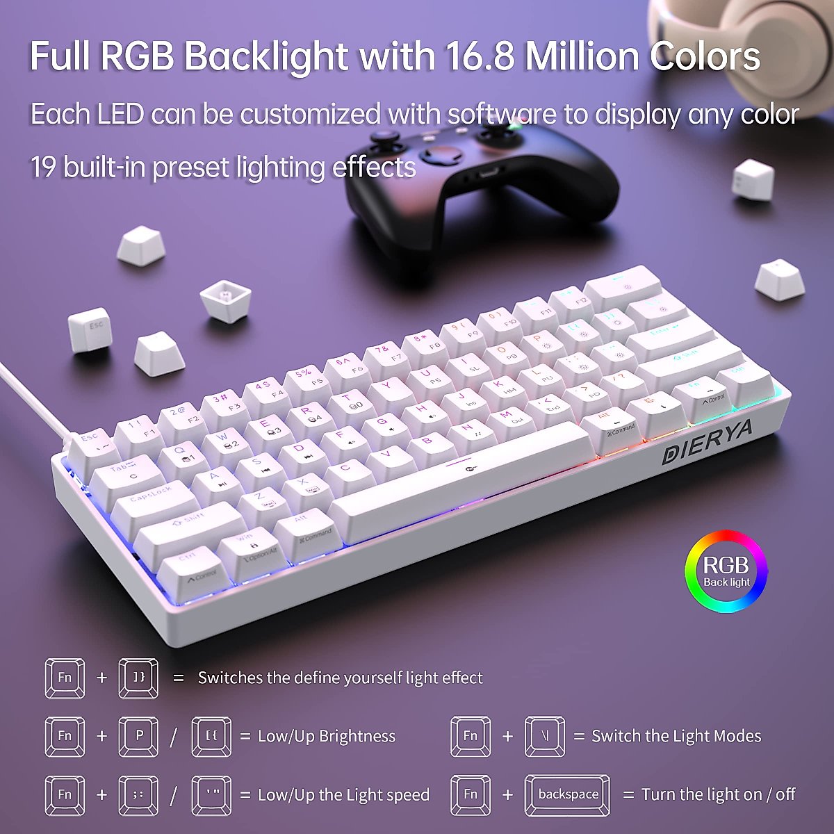 DIERYA DK61E 60% Percent Mechanical Gaming Keyboard, Optical Red Linear Switch, PBT Keycap, RGB Backlit, Waterproof, Wired USB C Mechanical Keyboard with Full Keys Programmable