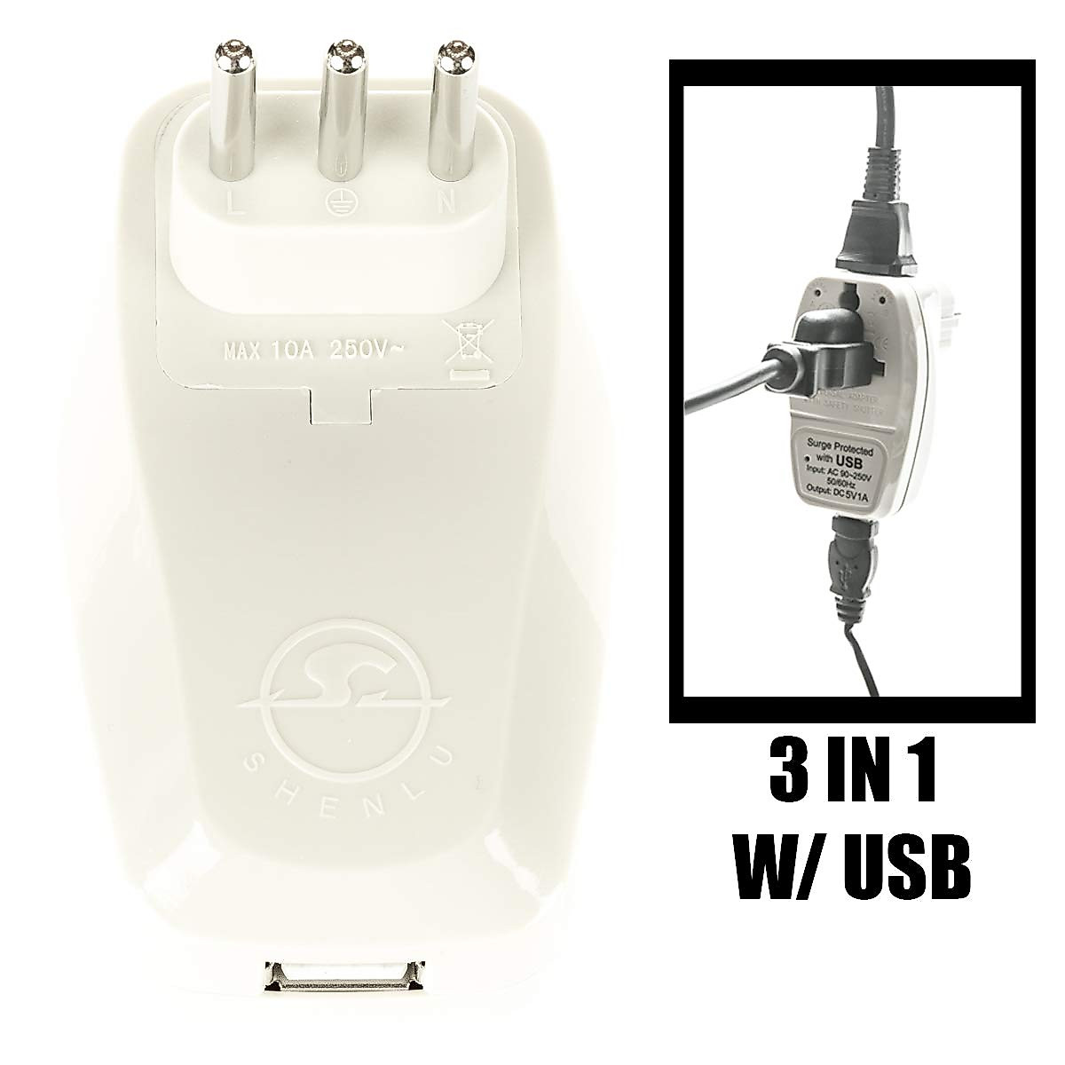 OREI 3 in 1 Italy Travel Adapter Plug with USB and Surge Protection - Grounded Type L - Italy & More - CE Certified - RoHS Compliant WPU-L-GN