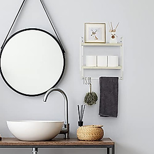 OYEAL Bathroom Shelf with Towel Bar Wall Mounted Towel Rack Rustic Towel Shelf for Bathroom with 5 Hooks, 2 Tier Shelf Storage Organizer for Living Room, Kitchen, Bedroom, White