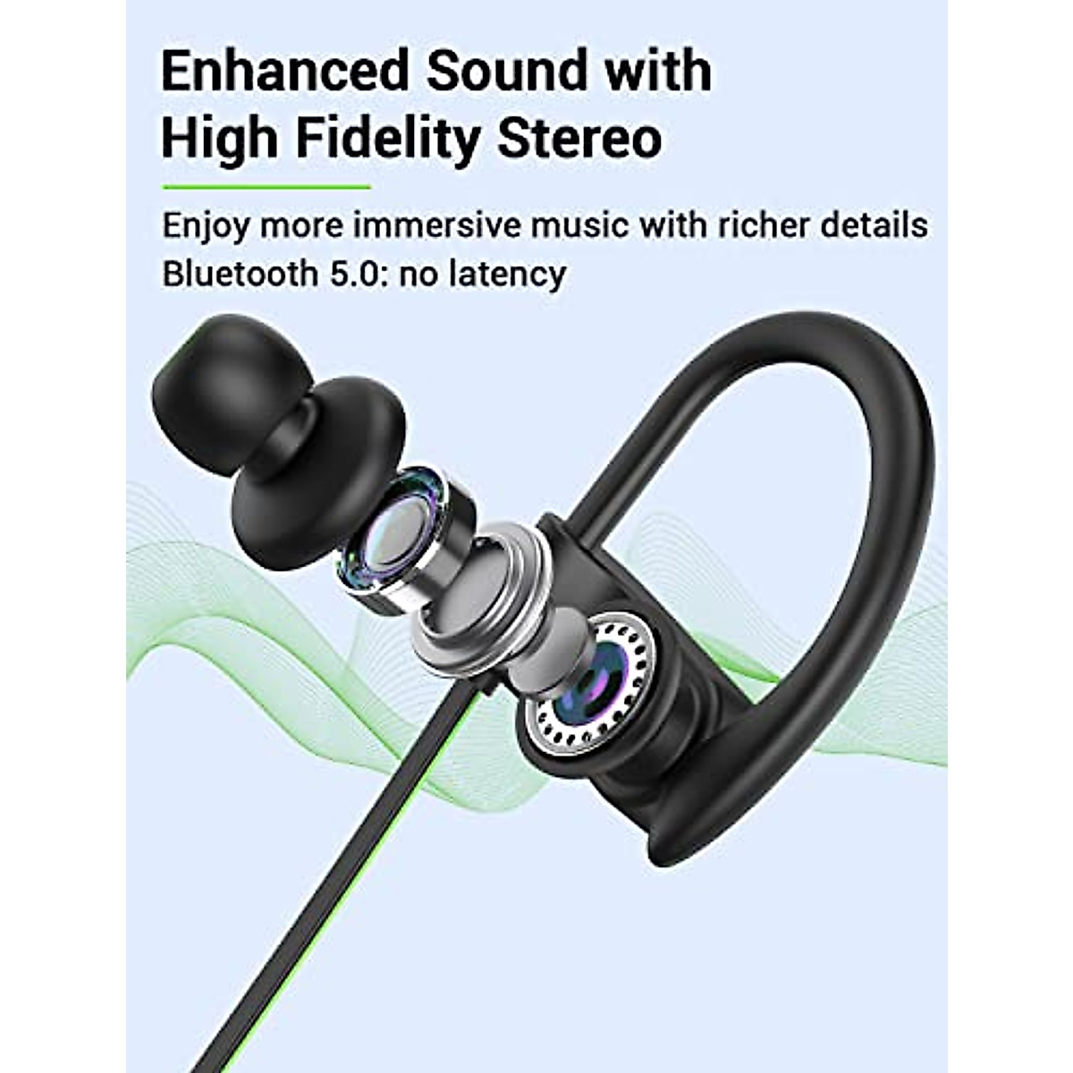 Stiive Bluetooth Headphones, Wireless Sports Earbuds IPX7 Waterproof with Mic, Stereo Sweatproof in-Ear Earphones, Noise Cancelling Headsets for Gym Running Workout, 15 Hours Playtime - GreenBlack