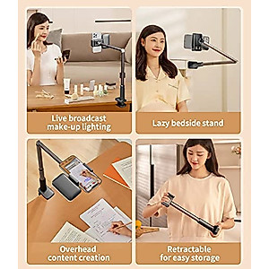 yAyusi Overhead Phone Mount for Recording,Phone Stand for Recording Overhead,Articulating Arm Cell Phone Holder with LED Ring Light, Desk/Bedside Tripod for YouTube Live Stream Cooking Video Recording