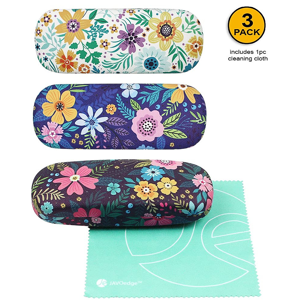 JAVOedge [3 PACK], Floral Pattern Medium Size Hard Eyeglass Storage Case Fits Most Glasses With Micro Cloth - Style C