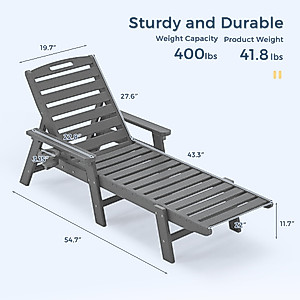 Outdoor Chaise Lounge Chair,Heavy Solid Patio Chaise Lounge with Arm/Cup Holder,HDPE Lounge Chair Outdoor[Wind Resistant and 100% Waterproof],400LBS Adirondack Lounge Chair with 5-Position Backrest