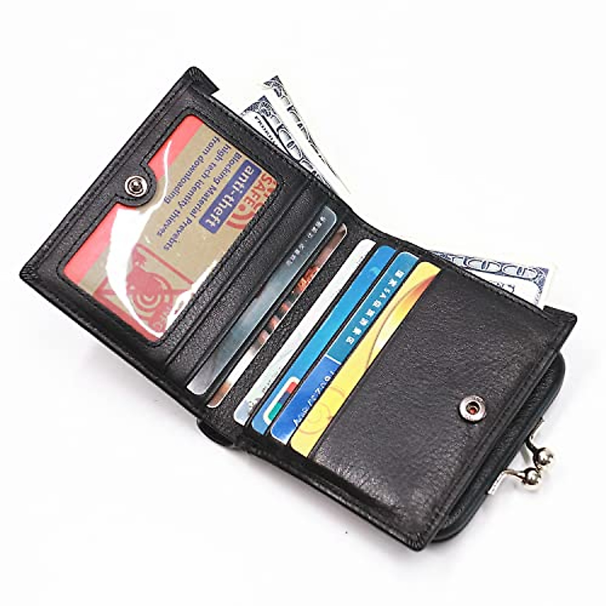 Rfid Blocking Genuine Leather Wallet for Women,Full Grain Leather Bifold Small Ladies Purse,with Kiss Lock Closure Coin Pocket and ID Card Holder,Black Soft Cow Leather,Packed with Gift Box (Black)