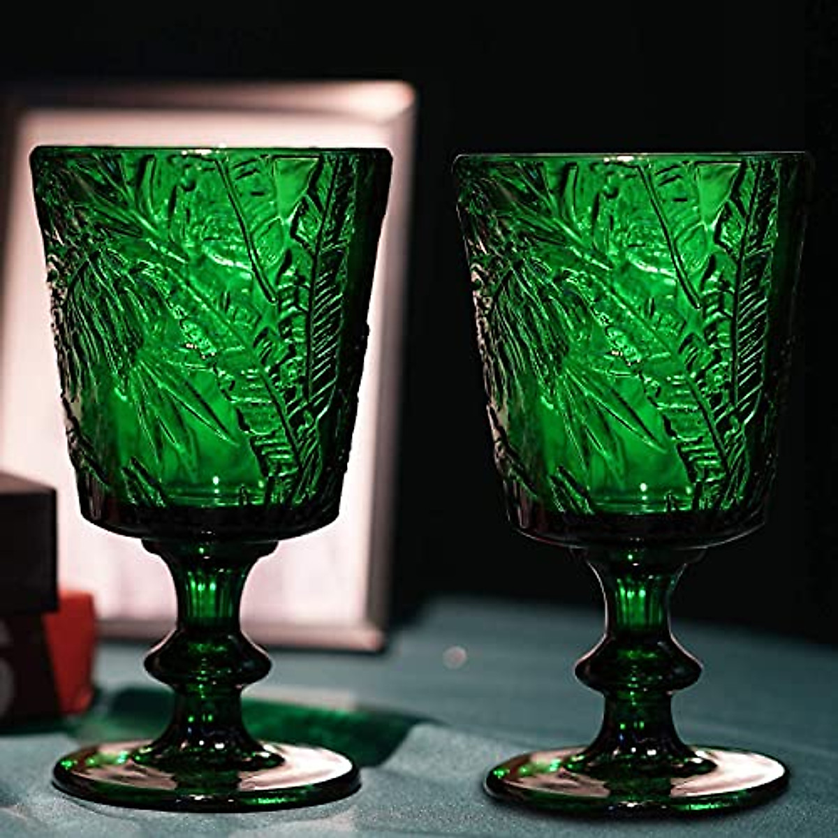 Jomop Handmade Pressed Colored Stemmed Wine Glasses Set Green Set of 4 Retro (4, Wine Goblet)