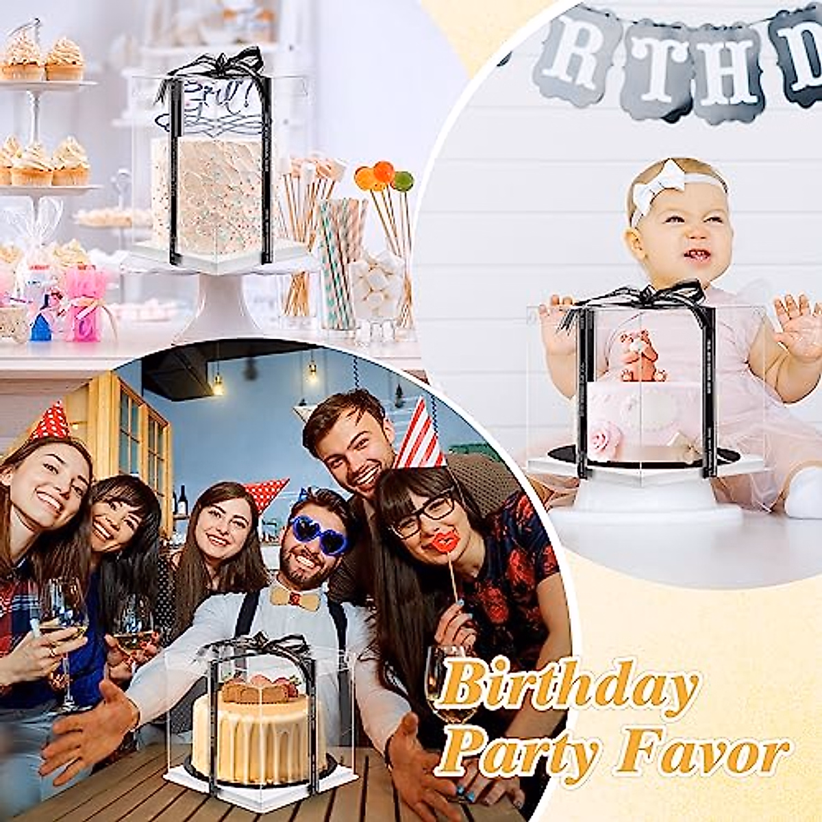 6 Sets Clear Cake Box with Cake Boards Ribbons, 10 Inch 8 Inch 7 Inch Multiple Sizes Transparent Cake Containers Pack Baking Box for Wedding Birthday Anniversary Portable Tall Layer Bakery Box (Black)