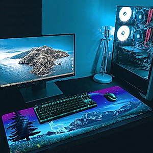 UJoowalk Gaming Mouse Pad, Large Mouse Pad, Keyboard and Mouse Pad, XL Mousepad, 31.5 x 11.8¡¯¡¯, Non-Slip Base Stitched Edge for Home Office Gaming Work, Galaxy Print Forest Moon Deer