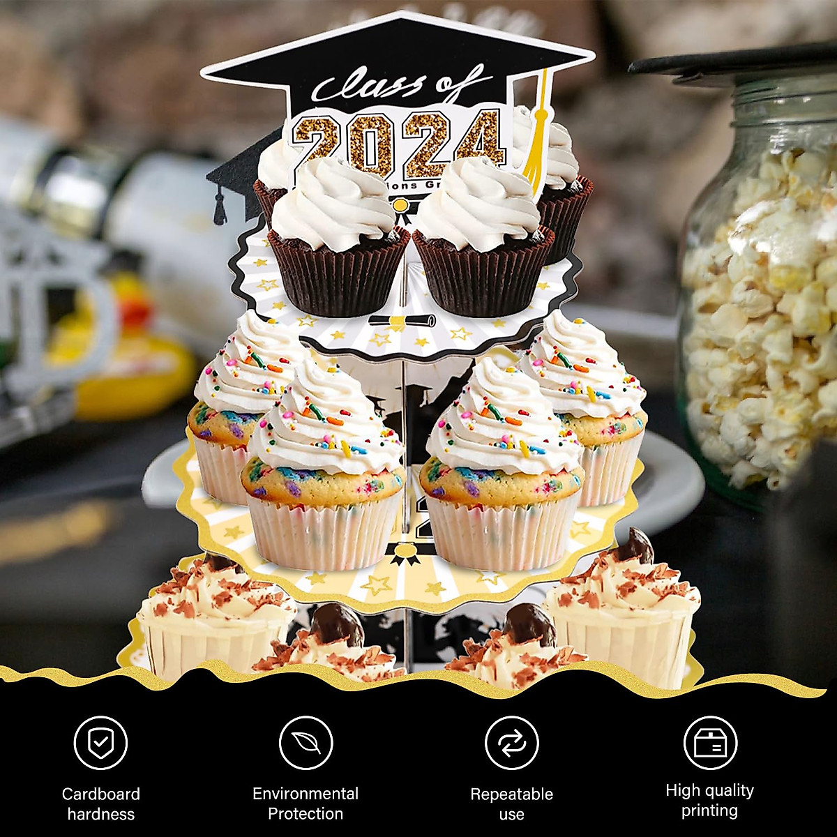 Set of 2 Graduation Cupcake Stand for 50 Cupcakes Black Gold Graduation Cap Decorations Cardboard Cake Dessert Holder Tower for Class of 2024 Congrats Grad Party Supplies