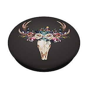 Artsy Watercolor Flower Wreath Bouquet Deer Skull on Black PopSockets PopGrip: Swappable Grip for Phones & Tablets