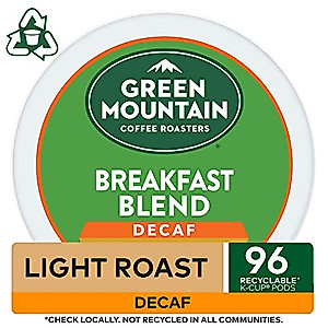 Green Mountain Coffee, Breakfast Blend Decaf, Single-Serve Keurig K-Cup Pods, Light Roast, 96 Count (4 Boxes of 24 Pods)
