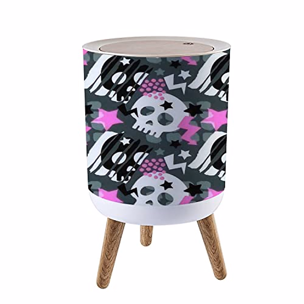 Small Trash Can with Lid Skull funky seamless rough grunge modern design Hipster trendy painted Round Garbage Can Press Cover Wastebasket Wood Waste Bin for Bathroom Kitchen Office 7L/1.8 Gallon