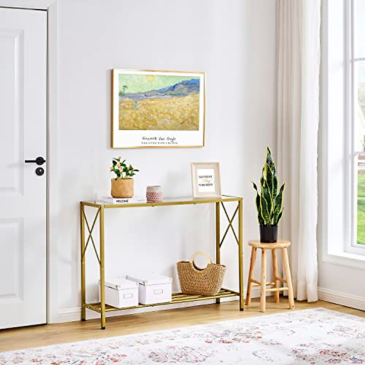 Hoctieon Gold Console Table, Entryway Table, Tempered Glass Sofa Table with Shelves, Metal Frame, Modern Style, Easy to Assemble, Entrance Table for Hallway, Entryway, Living Room, Bedroom