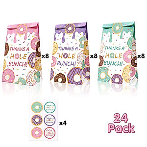 Levfla 24 PCS Donut Candy Bags Sprinkles Goodie Bags Thanks A Hole Bunch Stickers Sweet Doughnut Favor Ideas Kids Birthday Party Bash Decoration Supplies