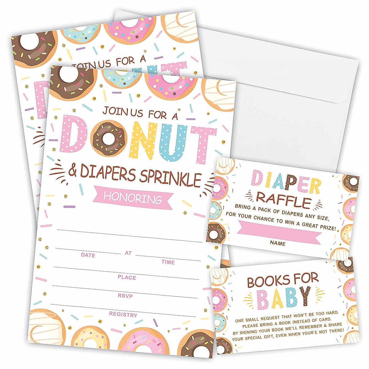 JCVUK Set of 25 Baby Shower Invitations with Envelopes, Diaper Raffle Tickets and Baby Shower Book Request Cards,Colored Donut Theme Babyshower Party For Boys or Girls(YQKTZ-B10)