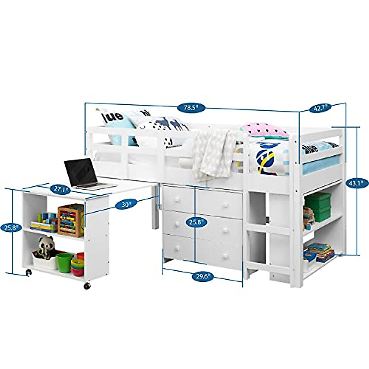 Naomi Home Twin Size Loft Bed with Desk Low Study Kids Twin Loft Bed with Storage Pine Wood Loft Bed for Kids Twin Loft Bed with Cabinet Ladder, Safety Guard Rails, Bookcase Shelf, Espresso