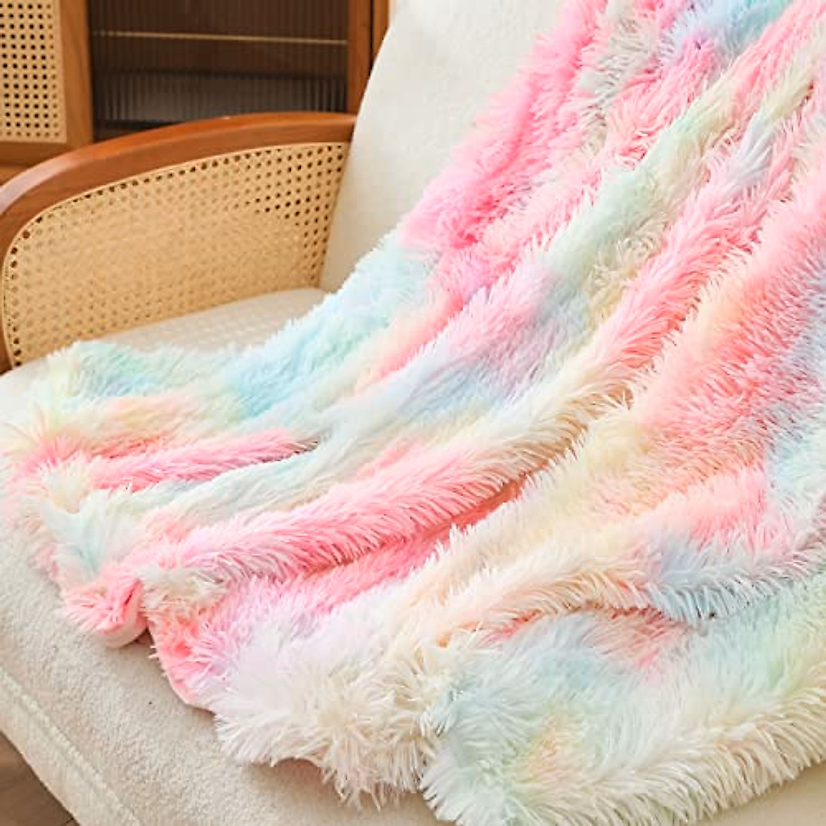 YOU SA Colorful Rainbow Design Shaggy Faux Fur Blanket Ultra Plush Long Hair Decorative Throw Blanket 51''x63'', Rainbow-1