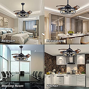 DuMaiWay 36" Caged Ceiling Fan with Lights, Industrial Retro Ceiling Fans with Remote Controller Vintage Style for Farmhouse/Living Room/Bedroom/Restaurant 5 Lights 4 Fan Blades Black