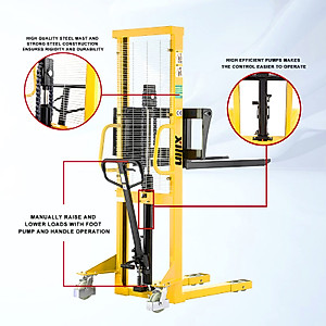 Xilin Manual Pallet Truck Stacker 2200lbs Capacity 63" Hydraulic Lift Height with Adjustable Forks and Fixed Legs Handling Tools