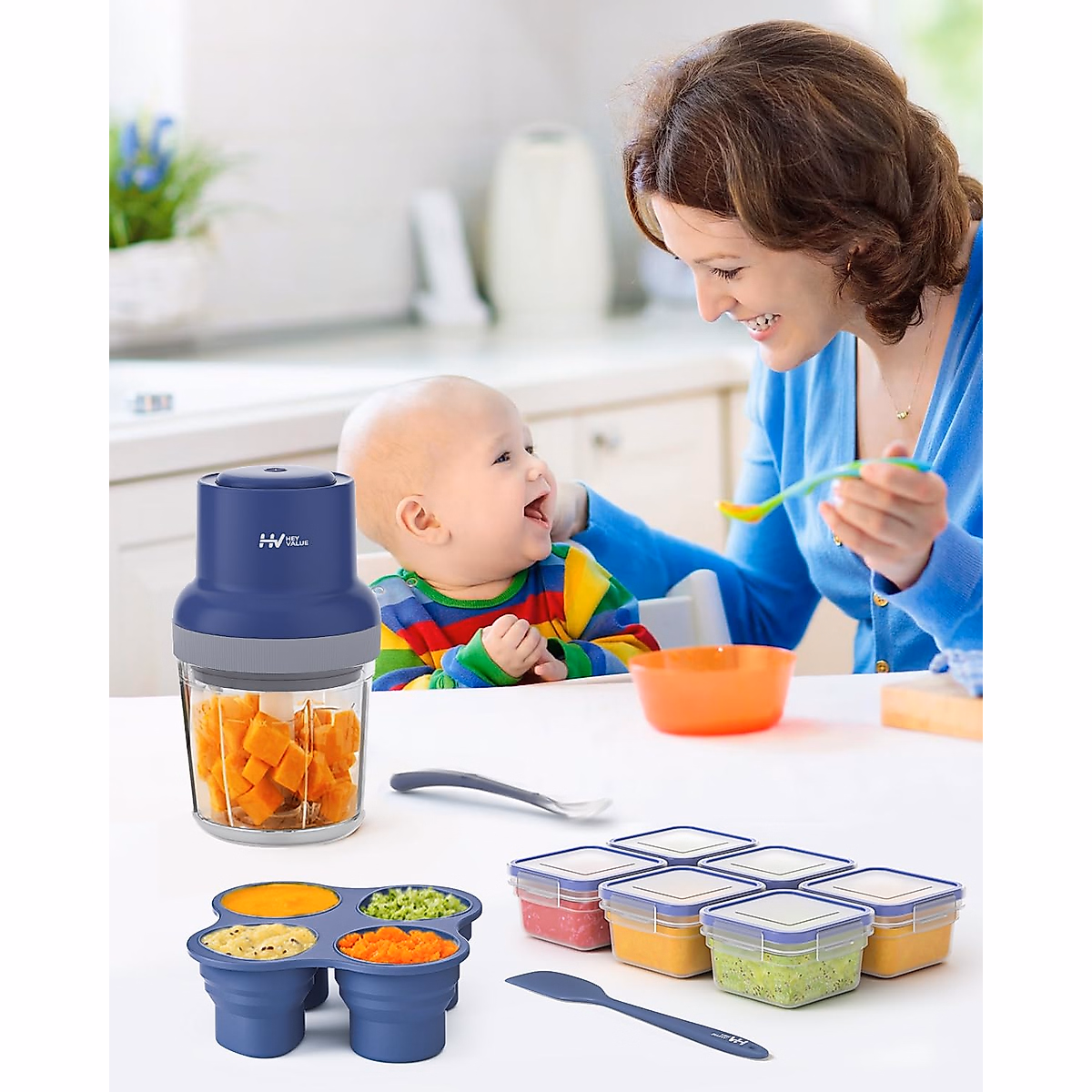 HEYVALUE Baby Food Maker, 13-in-1 Baby Food Processor Sets, Fruit, Vegatable, Meat, Food Puree Blender with Baby Food Containers, Food Freezer Tray, Silicone Spoons, Silicone Spatula (Dark Blue)