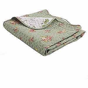 Cozy Line Home Fashions Vintage Floral Rose Green Chintz Sage Green Pink Yellow Scalloped Quilted Cotton Reversable Throw Blanket (60"x 50" inch)