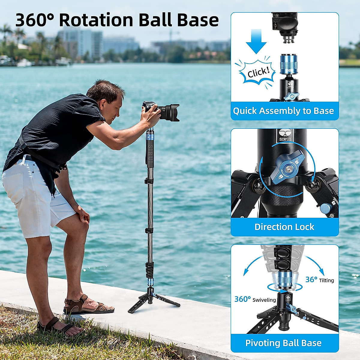 SIRUI P-325FL Carbon Fiber Monopod with Feet, 67" Professional Monopod for Cameras, Lightweight Travel Monopod for DSLR Camera, Max Load 22lbs, 360° Panorama, 5-Section, Quick Release Plate