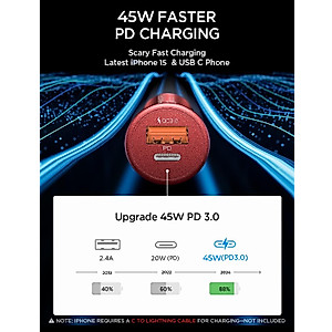 AINOPE USB C Car Charger 67.5W, Red Car Accessories Car Charger USB C for iPhone, Super Mini All Metal Fast Charging Car Charger PD&QC 3.0 Dual Port Car Adapter Fits iPhone 15 Pro Max 14 13 12 11, Red