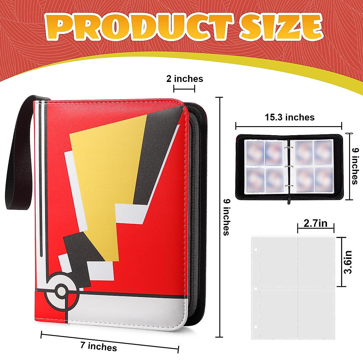 GOPOKIU Card Binder 4-Pocket - 400 Pockets Trading Card Binder Holder with 3 D-rings Holds 50 Removable Sleeves, Ultimate Card Collection Binder Album Book for Games, Baseball(Pika)