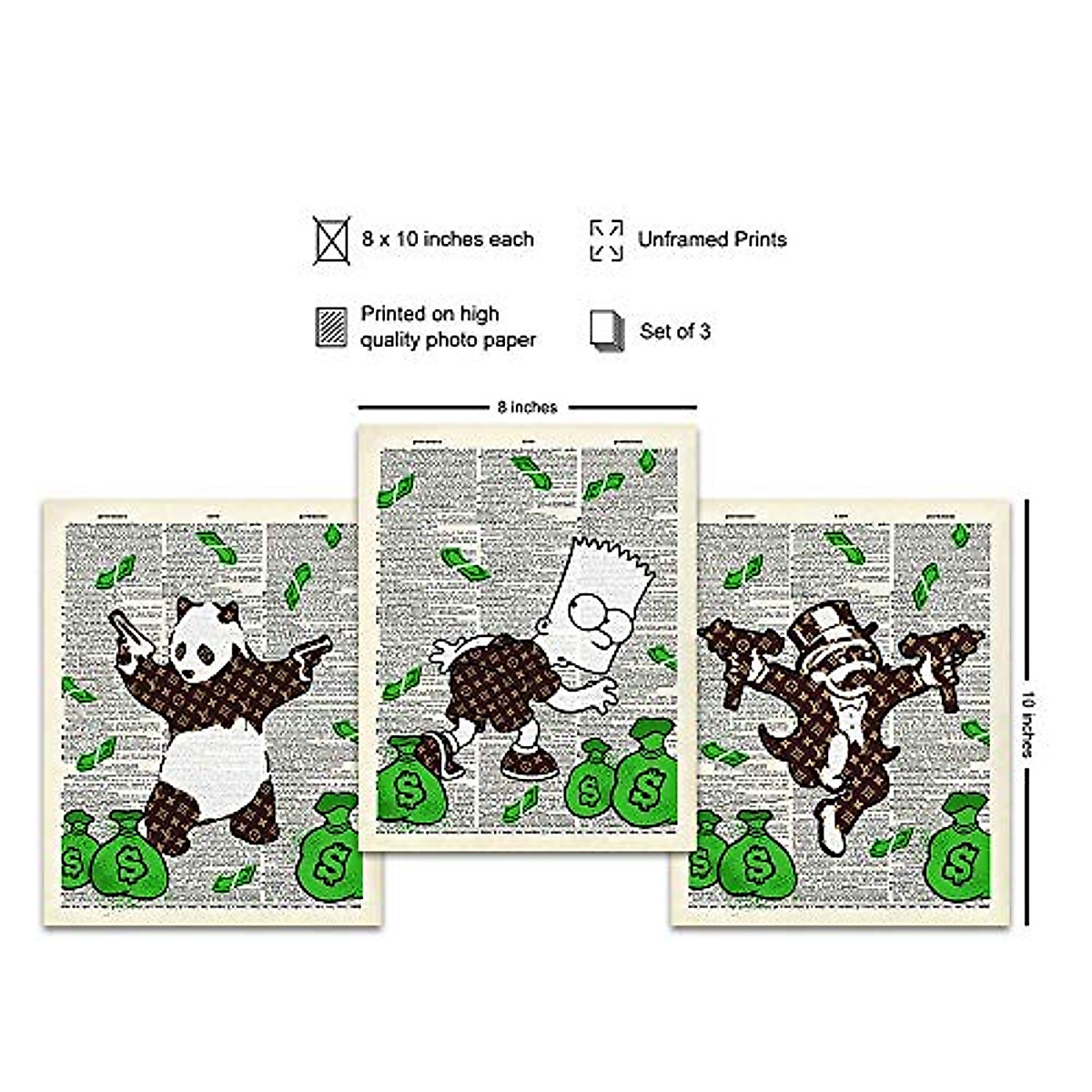 Bart Simpson Poster - 8x10 Set - Banksy Wall Art - Graffiti Wall Art of Louis Vuitton - LV Wall Decor - Money Decorations Wall Decor - Urban Wall Decor - Funny Street Art Mural for Alec Monopoly Fans