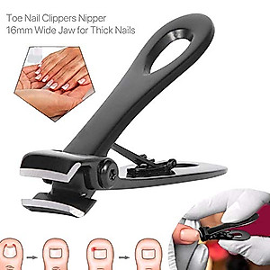 Nail Clippers 16mm Wide Large Jaw Opening for Thick Nail Stainless Steel Black Fingernail and Toenail Nipper Cutter Podiatry Trimmer Pedicure Manicure Kit