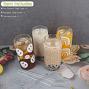KAUND 4 PCS Ice Coffee Cup with Glass Straw,16oz Sublimation Boho Printed Beer Can Glasses,Ideal for Cocktails,Whiskey,Beer,Soda and Gifts - 2 Cleaning Brushes