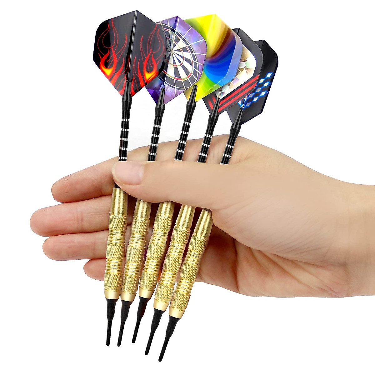 ROOBEEO Soft Tip Darts 12 Pcs 18g Plastic Tip Darts Set with Brass Steel Barrels&Aluminum Shafts,200 Extra Dart Tips 42 Dart Flights 20 Extra Rubber Rings and 1 Storage Bag for Electronic Dart Board